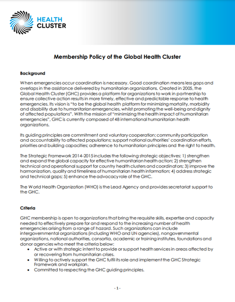 Membership Policy of the Global Health Cluster
