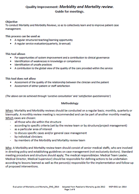 Quality Improvement: Morbidity and Mortality review. Guide for meetings.